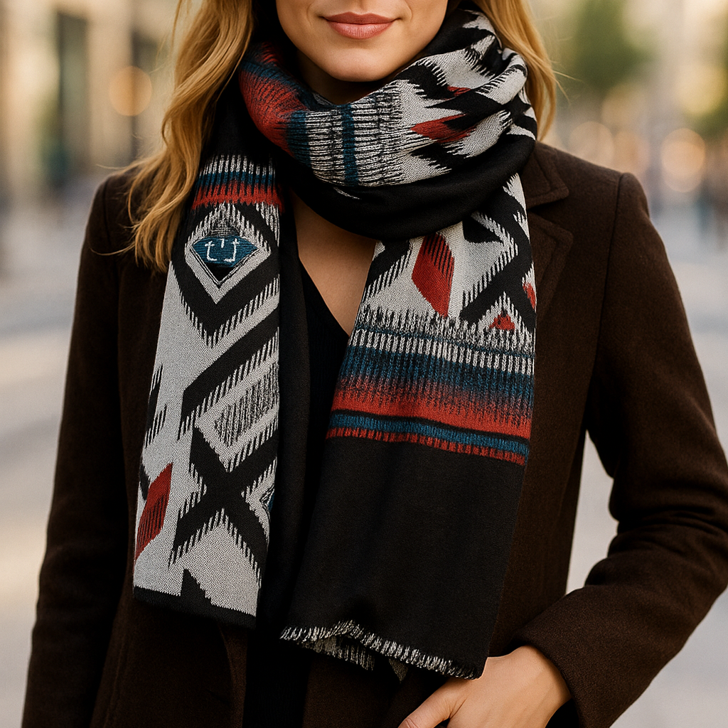 Bufanda Grande Reversible · IKAT/Negro – BRANDELIA